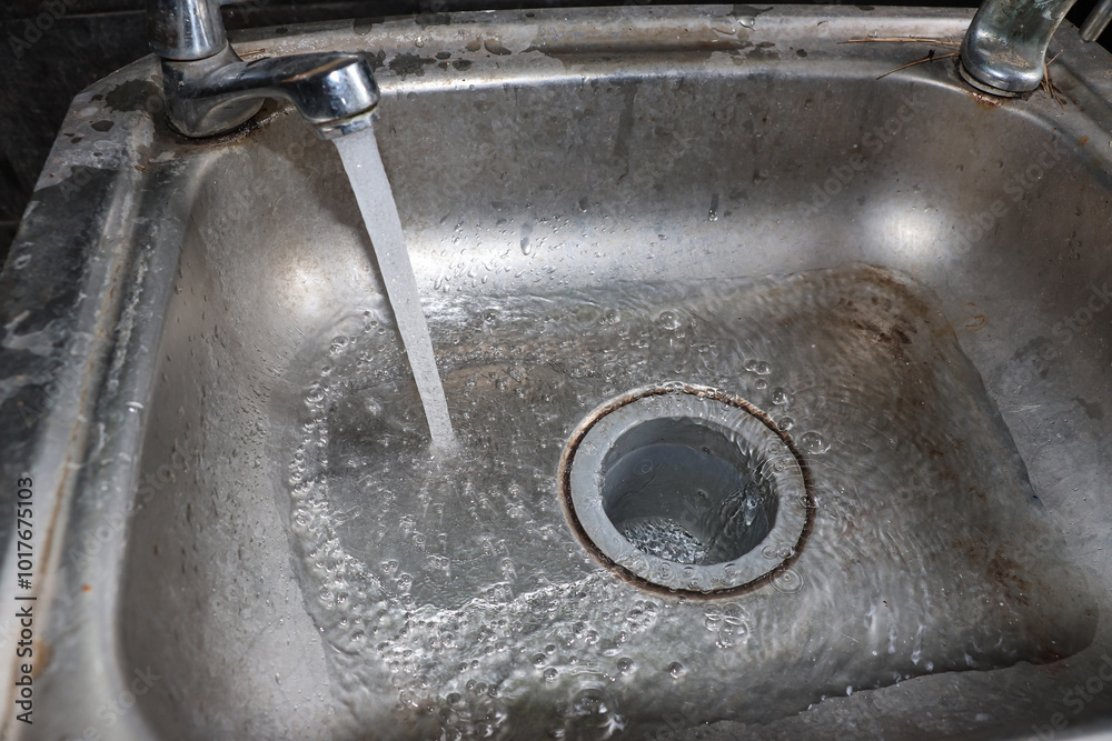 Water comes out of the faucet inside the metal sink flowing through the ...