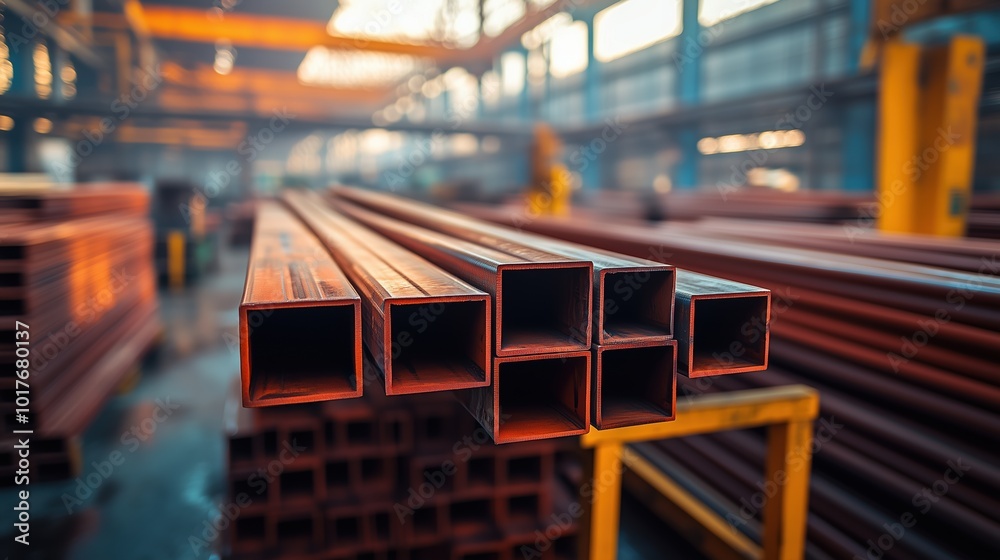 Steel tubes stacked neatly in a warehouse, showcasing the organized ...