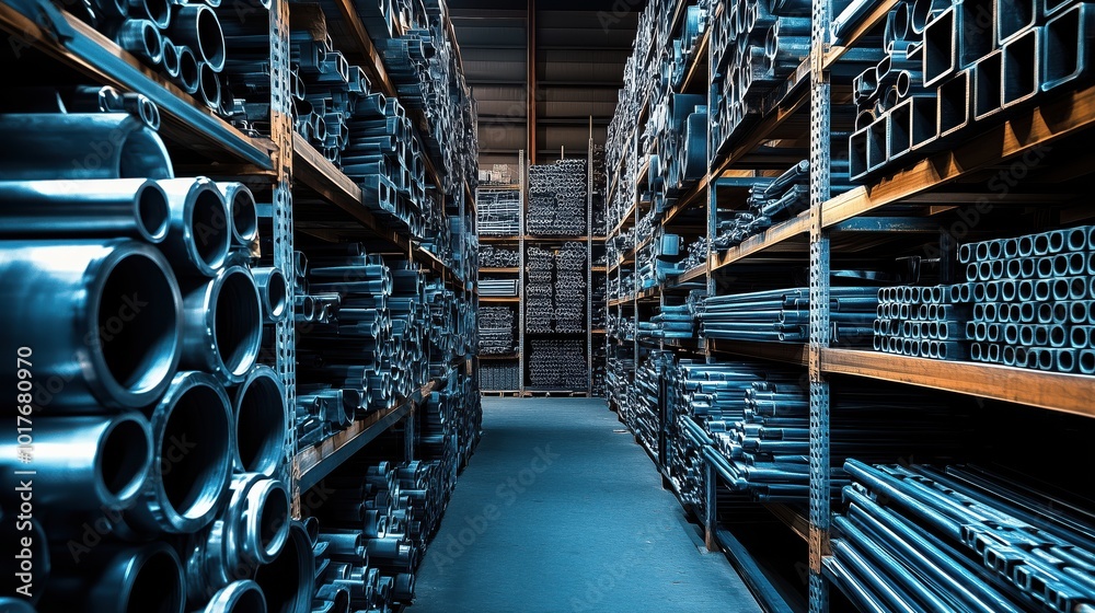 Stacked Pipes in a Warehouse Aisle. A well-organized warehouse aisle ...