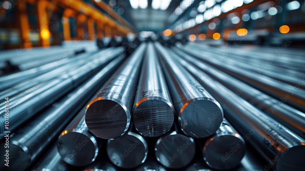 Steel Bars Stacked in a Warehouse Environment. Round steel bars stacked ...