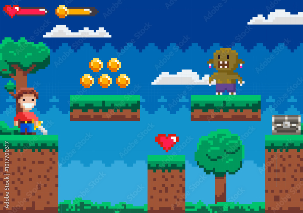 A pixel art-style game scene with a character collecting coins, an ...