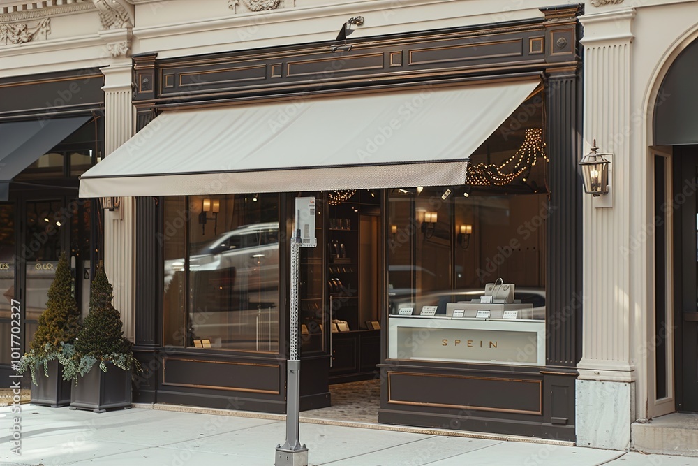 A luxurious storefront with custom signage and branded awnings ...