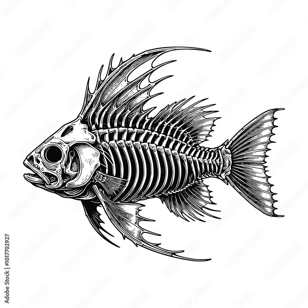 Fish skeleton line art illustration, hand drawn in black and white ...