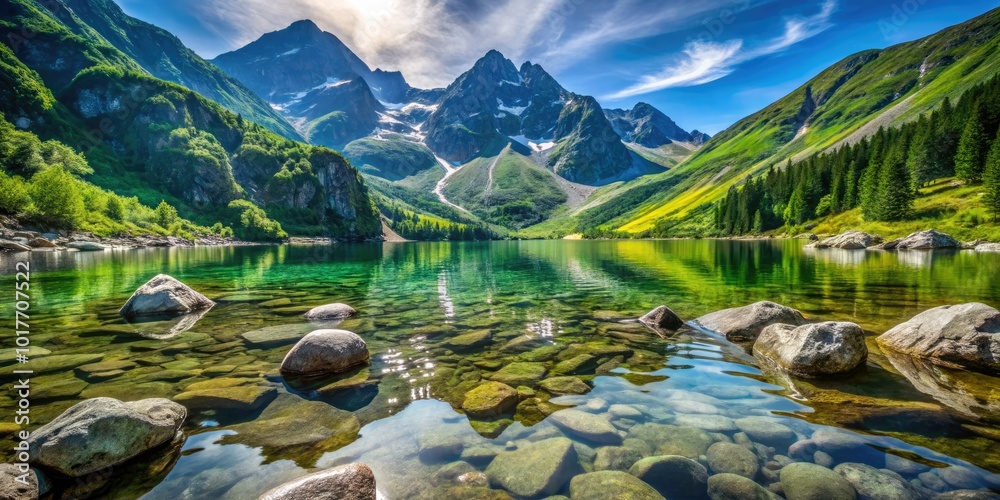 A detailed view of rocks and flowing water at Morskie Oko, nestled in ...