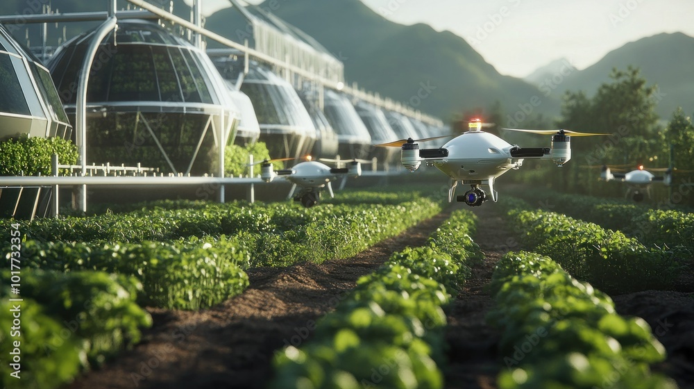 A futuristic farm powered by AI and automated systems, where drones ...