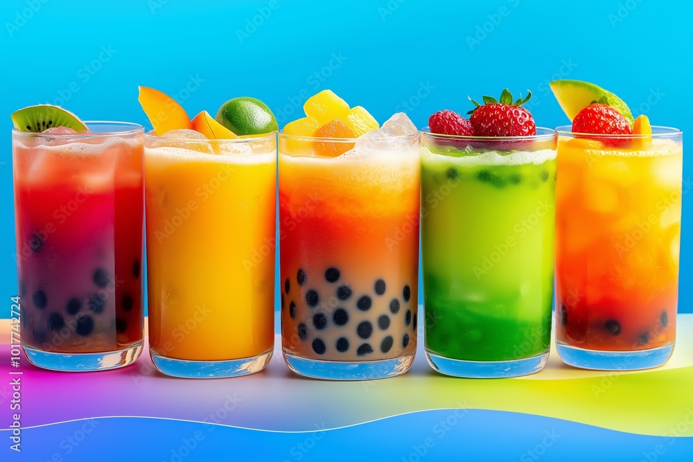 Five colorful drinks with fruit on top. variety of boba tea glasses ...