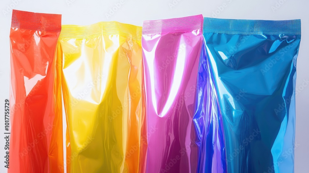 Mylar bags in primary colors, standing upright with smooth reflective ...
