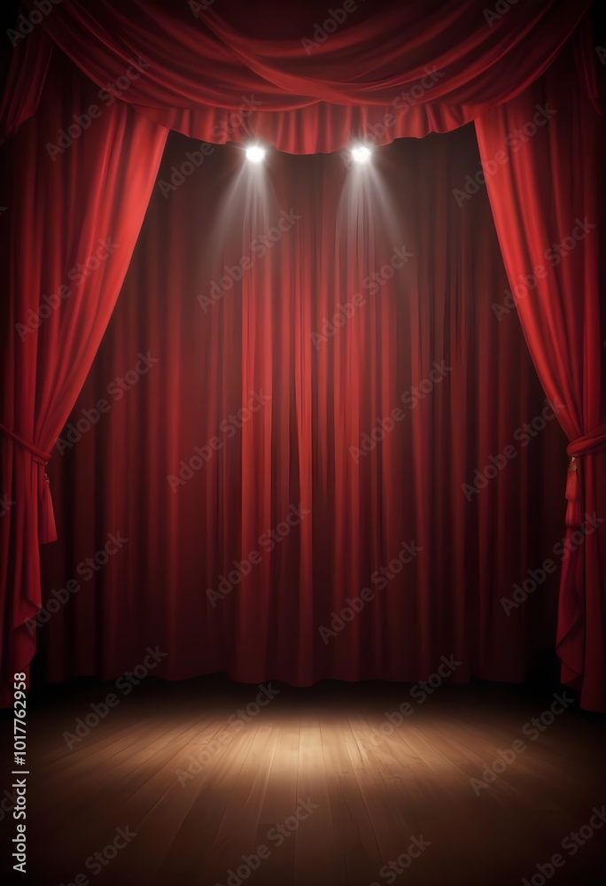 Red curtains on a stage with spotlights shining through, creating a ...