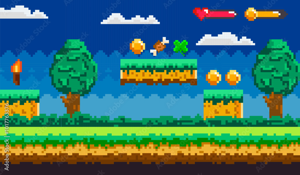 Pixelated video game scene with trees, floating platforms, coins, a ...