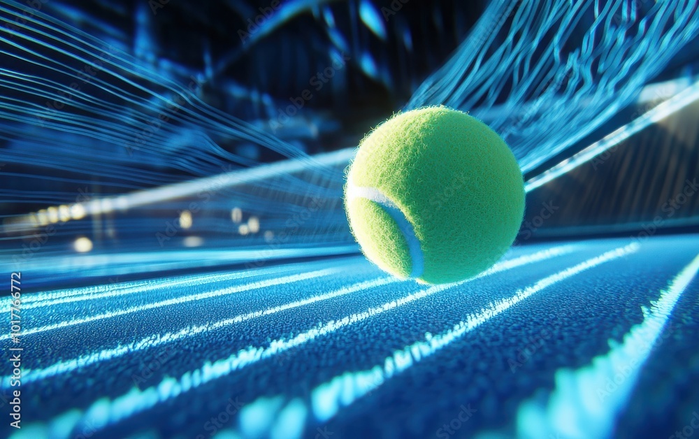 Dynamic 3D rendering of a tennis ball in mid-flight, frozen in motion ...
