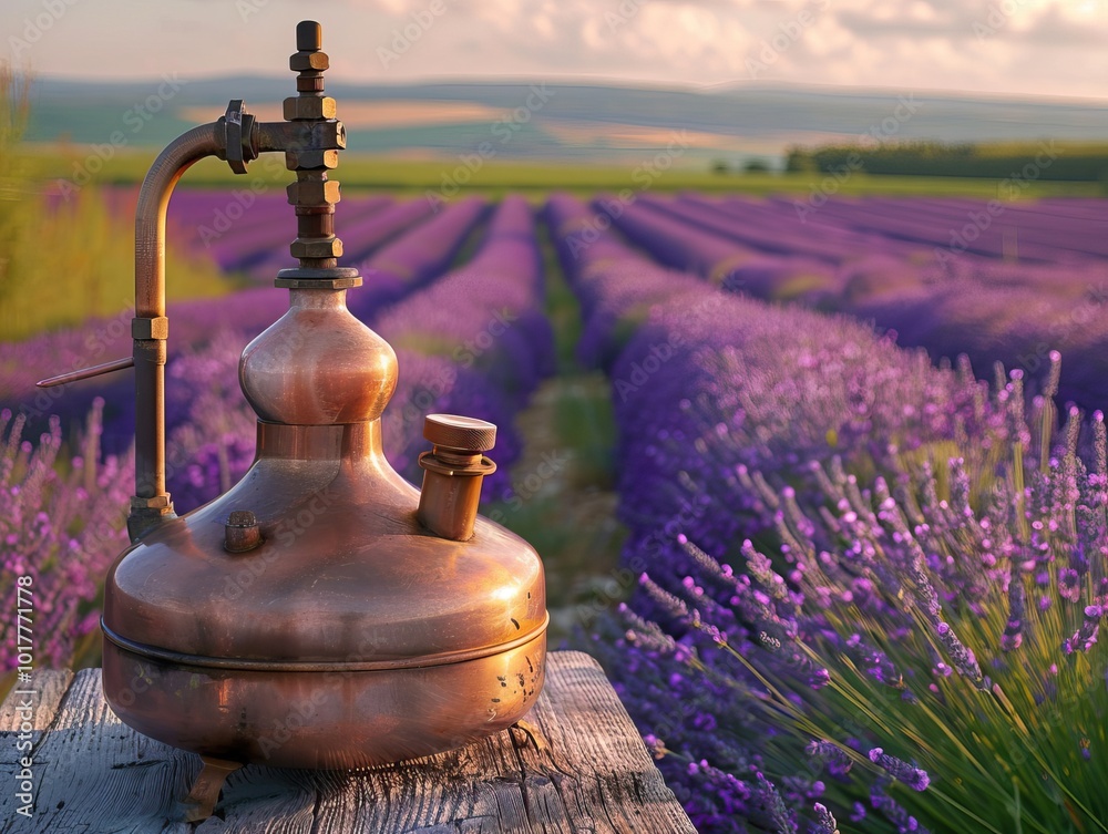 Traditional Copper Distiller in Lavender Field at Sunset, Capturing the ...
