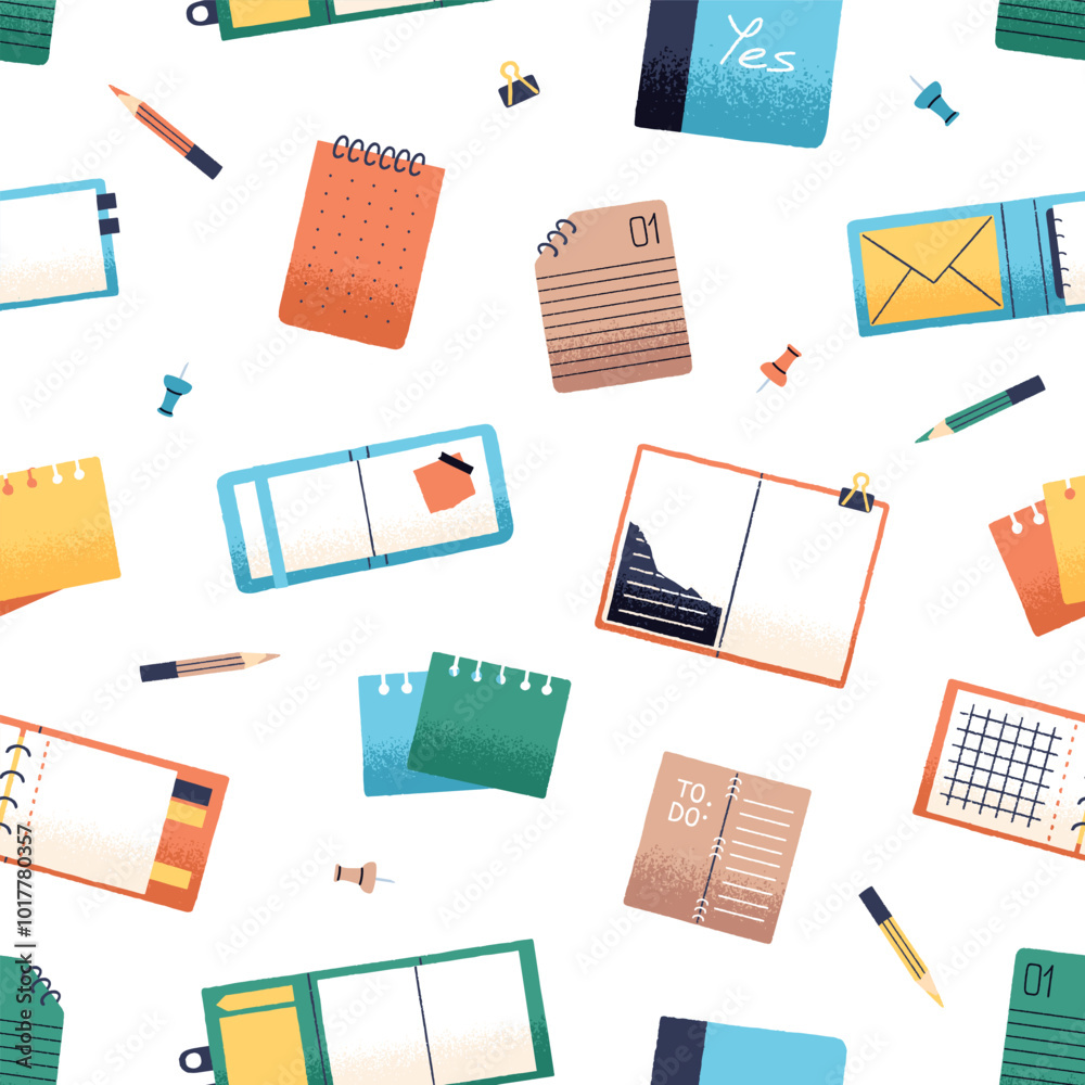 Repeatable pattern of different open notebooks and school stationery ...
