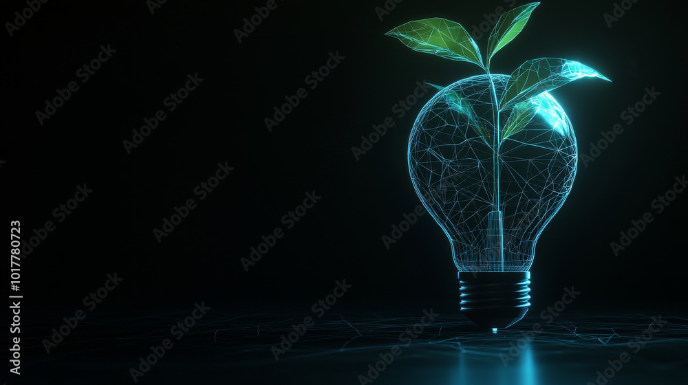 A plant sprouts inside a futuristic light bulb. This image represents a ...