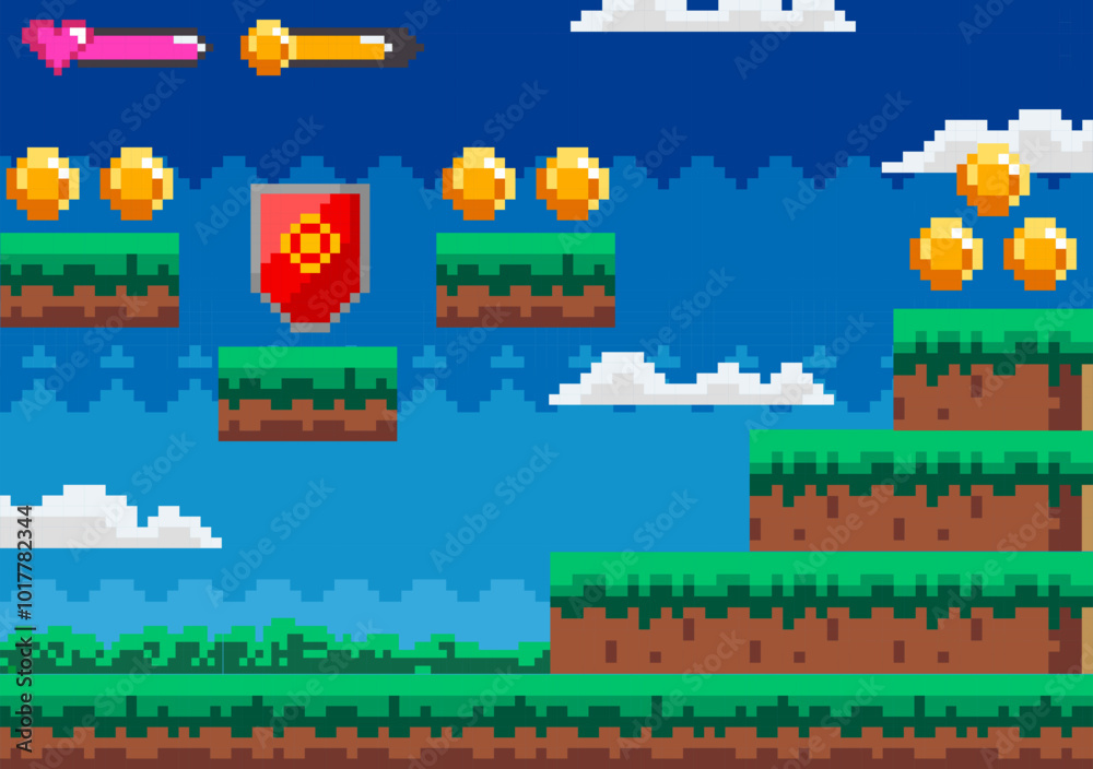 Colorful 8-bit scene with floating platforms, gold coins, a heart, and ...