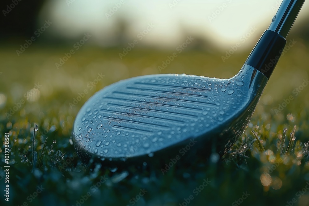Golf club is wet and has a black grip. The club is on a grassy field ...