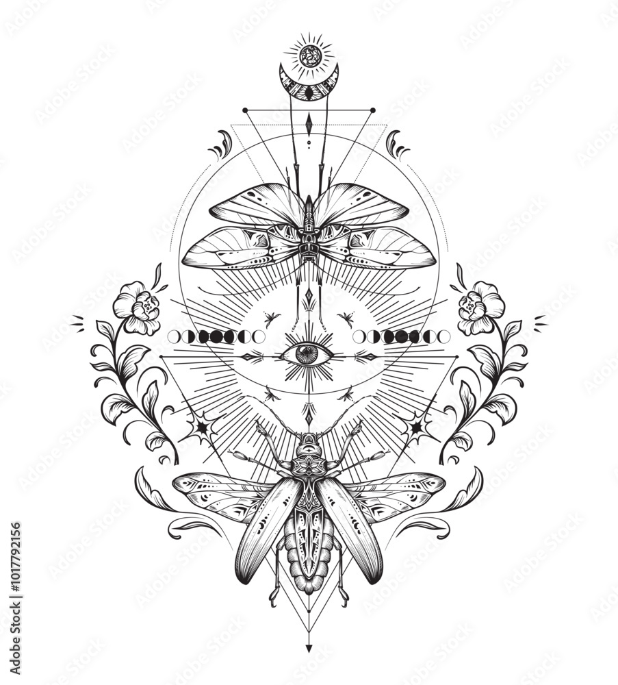 Vector composition of black and white moth, plants, elements of ...