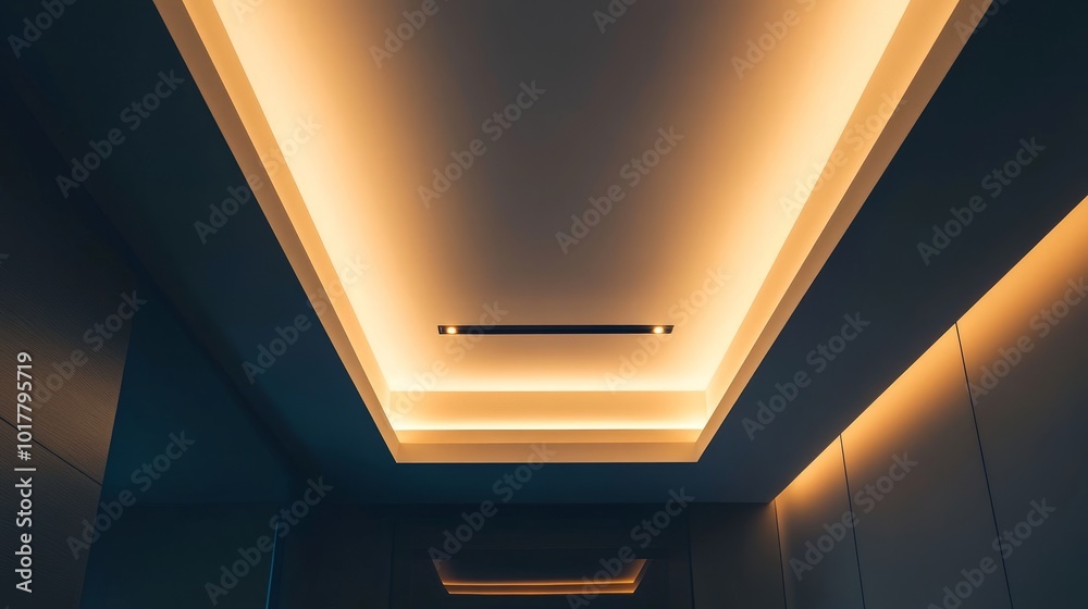 Elegant recessed ceiling with secret LED strip lighting, illuminating a ...