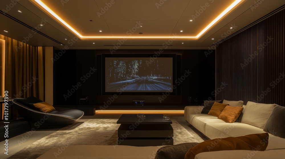 Recessed ceiling with concealed LED strip lighting, casting an ambient ...