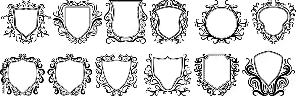 Collection of ornate heraldic shield vector designs with intricate ...
