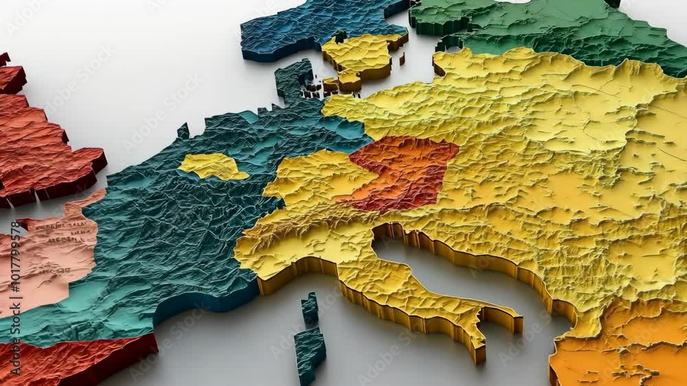 A 3D map of Europe, with various colors indicating different regions ...
