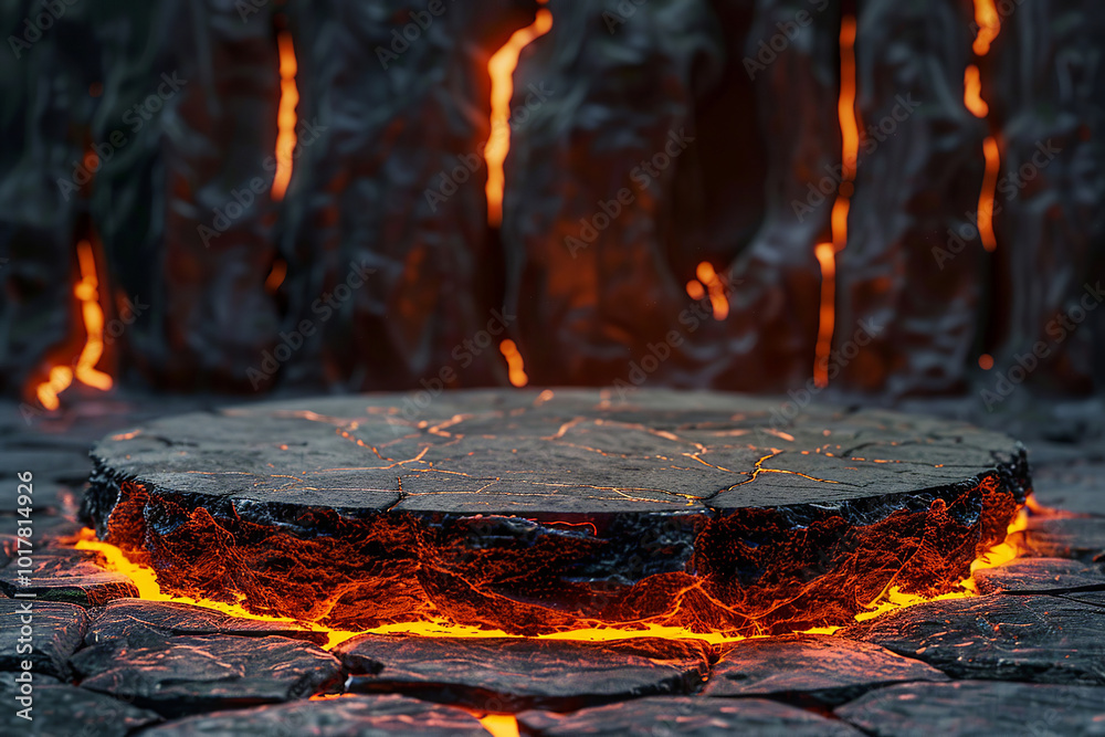 Stylized volcanic scene, podium. On a stone podium are volcanic rocks ...