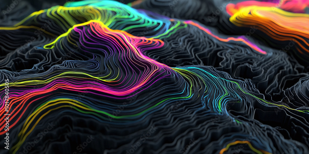 Abstract terrain map featuring a black field with vibrant colorful ...