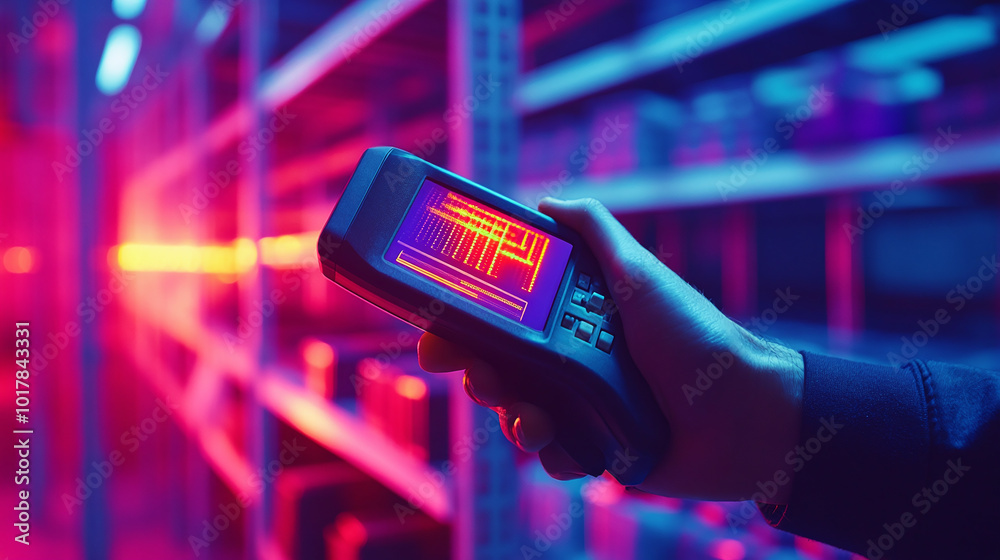 A handheld device scans a digital RFID tag, illuminating its screen in ...