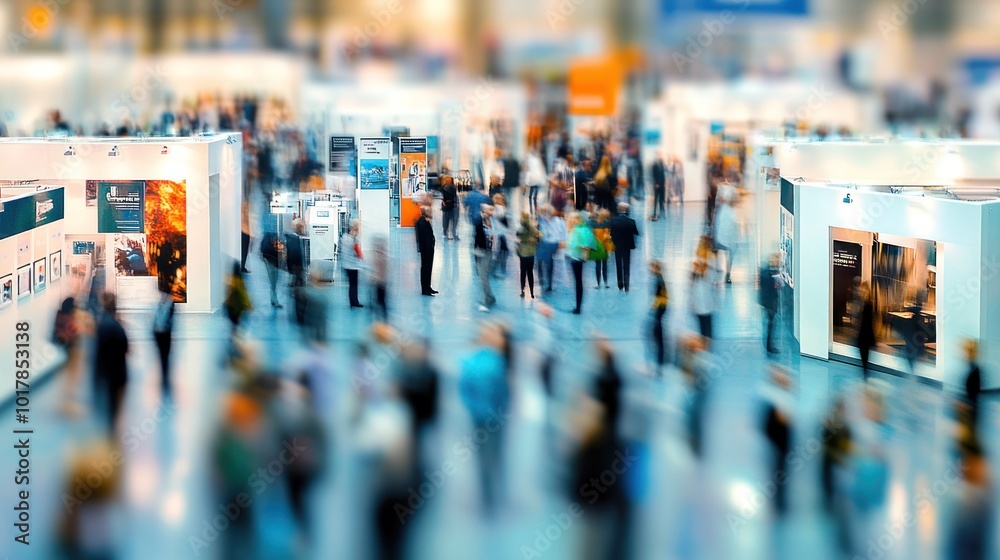 A dynamic scene at a busy trade fair with blurred figures of people ...