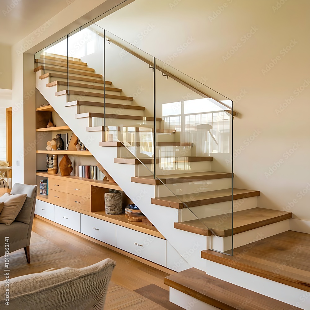 Modern staircases connecting a living room with drawers and shelves for ...