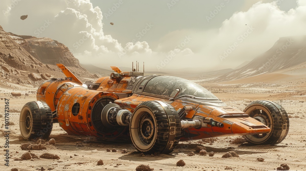 An advanced exploration craft rests on a barren landscape, surrounded ...