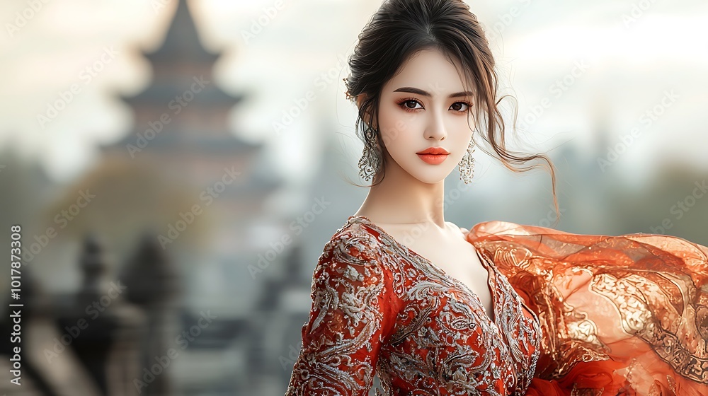 A vibrant fashion photoshoot featuring a model in stunning traditional ...