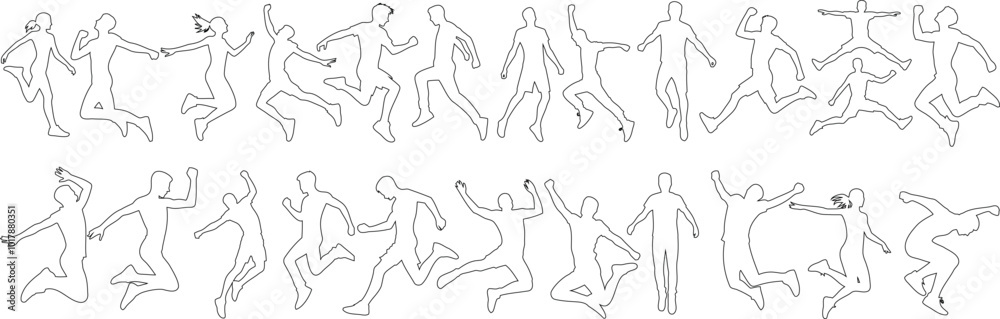 Jumping line art silhouettes, dynamic outline of people in motion ...