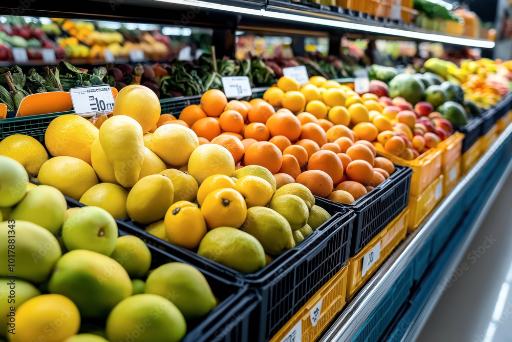 Fresh produce section in a grocery store, featuring a variety of fruits ...