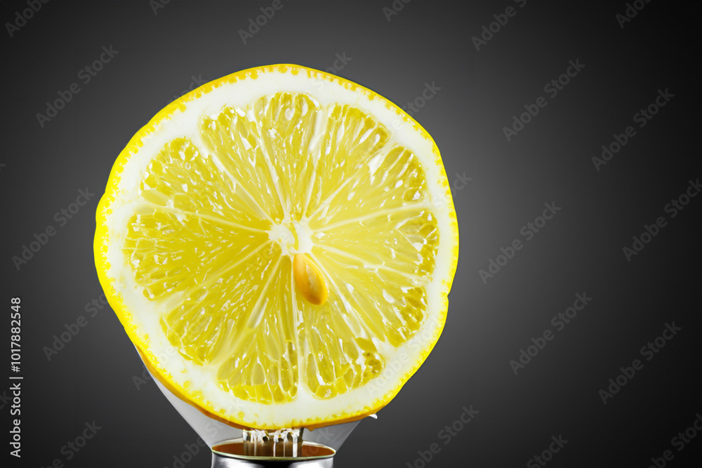 Light bulb with lemons on . bamboo table tube concept. slice of lemon ...