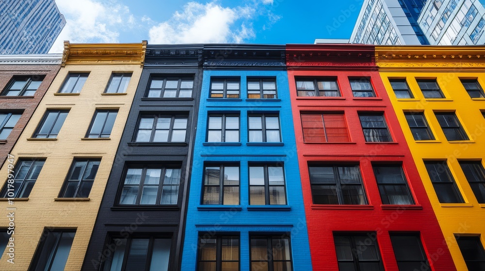 Brightly colored urban buildings with blue, red, yellow, and black ...