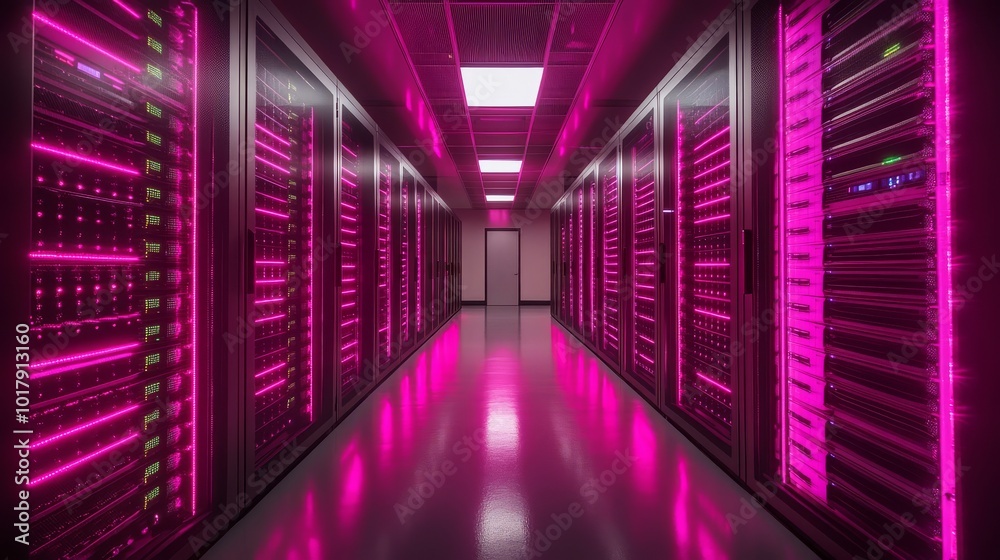 A futuristic data center interior with rows of servers glowing with ...