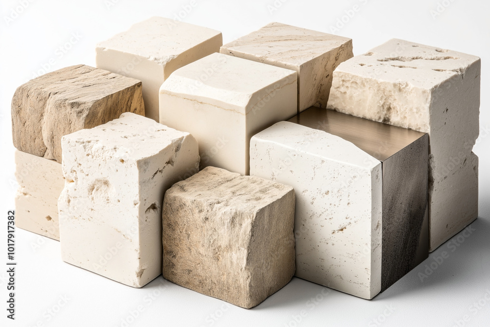 A collection of different stone blocks with various textures and ...