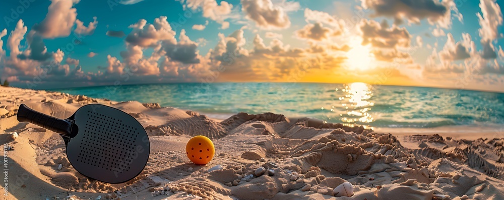 A pickleball paddle and ball resting on a sand court with the ocean and ...
