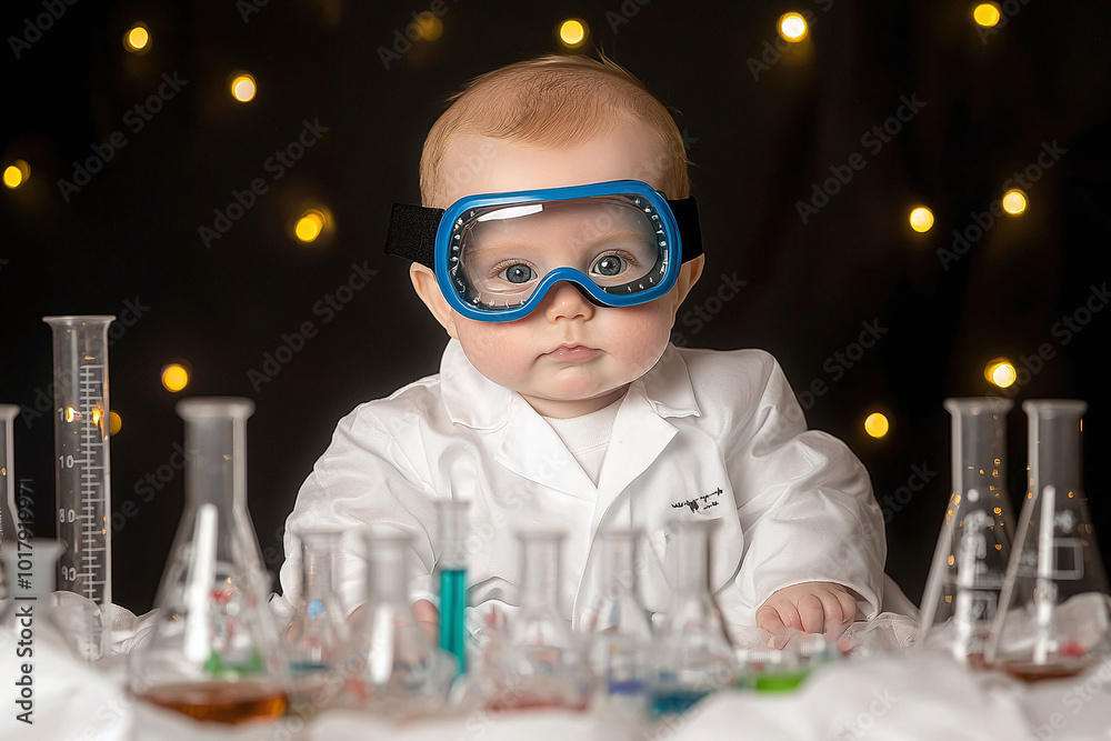 mini scientist, a chubby-cheeked infant donning an enormous lab coat ...