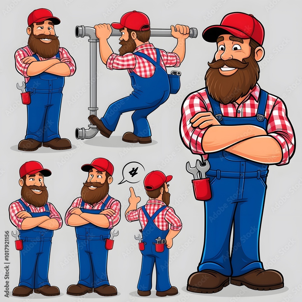 Title: A cartoon-style mechanic with a thick beard, wearing a red plaid ...