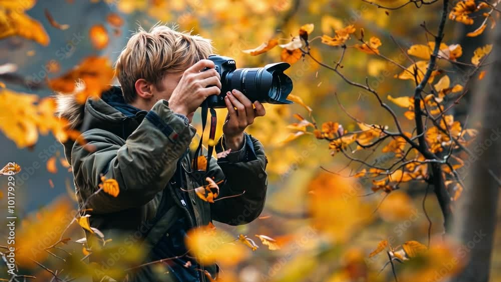 Young photographer exploring nature, capturing photos of trees and ...