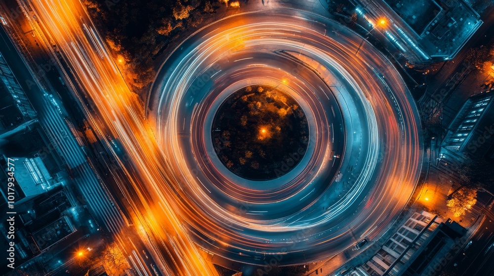 An aerial view capturing light trails forming a circular pattern around ...