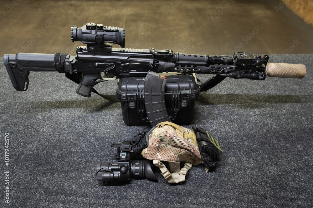 Plakát Tactical rifle shooting at indoors shooting range, AK series ...