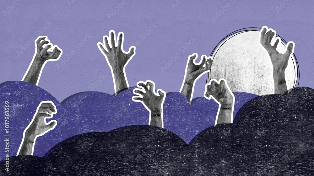 Zombie hand with bloody wound rising out of ground on the graveyard ...