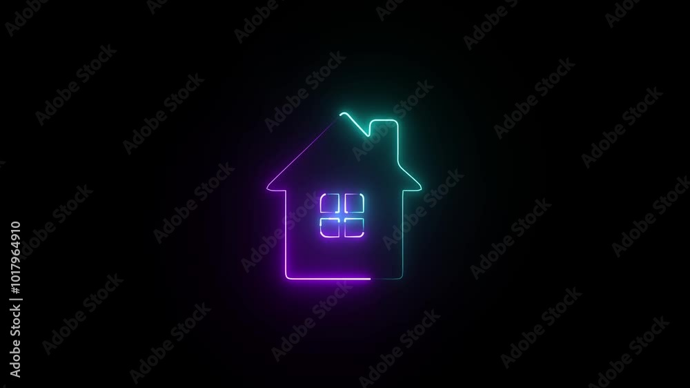 Neon green color House, home building animation. Neon line Map pointer ...