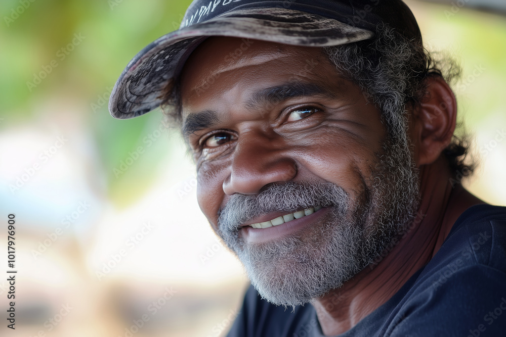 An indigenous Aboriginal Australian man looking at the camera, smiling ...