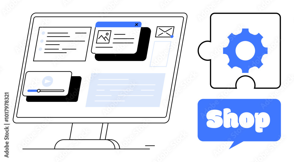 Computer monitor displaying multiple interface elements plus puzzle ...