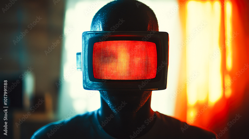 An individual wears a vintage TV screen as a helmet, highlighting ...