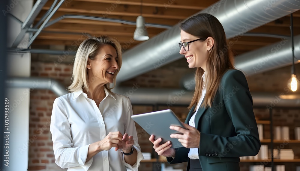 Two professional women discussing business in a modern office ...