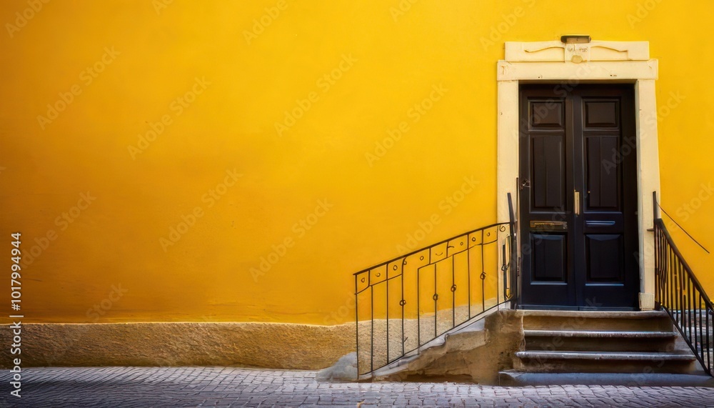Yellow color building wall and black entrance door, stairs and railing ...